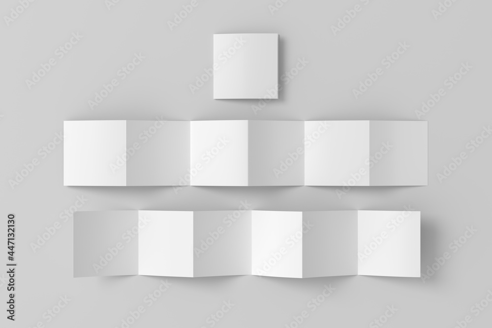 Square page zigzag or accordion fold brochure. Six panels, twelve pages ...