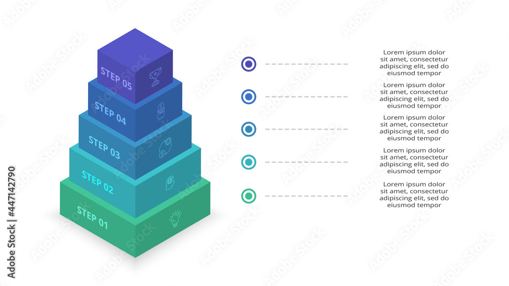 3D vector infographic pyramid, or comparison chart with 5colorful ...