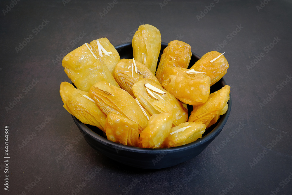 Traditional Indian home made sweet dish. Fried and sweet kaja khaja ...