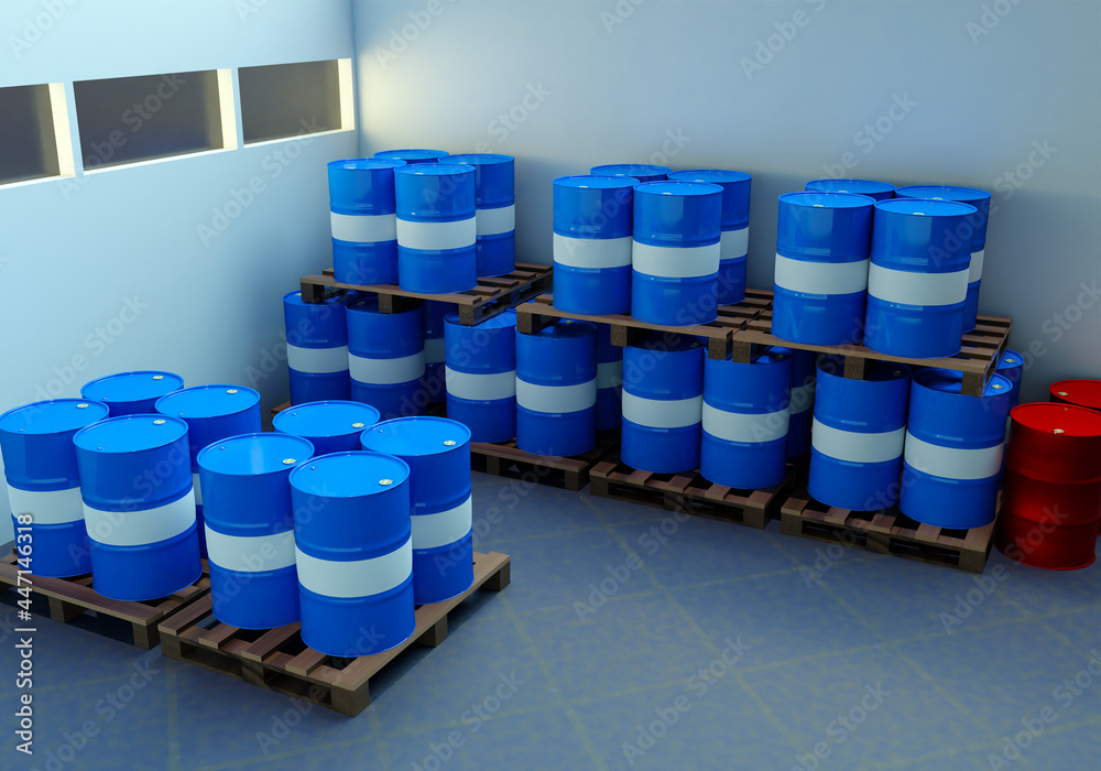Barrels for chemistry. Metal Barrels on pallets. Cask stands for ...