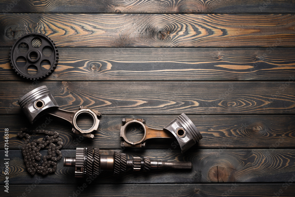 Car spare parts on the workbench flat lay background with copy space ...