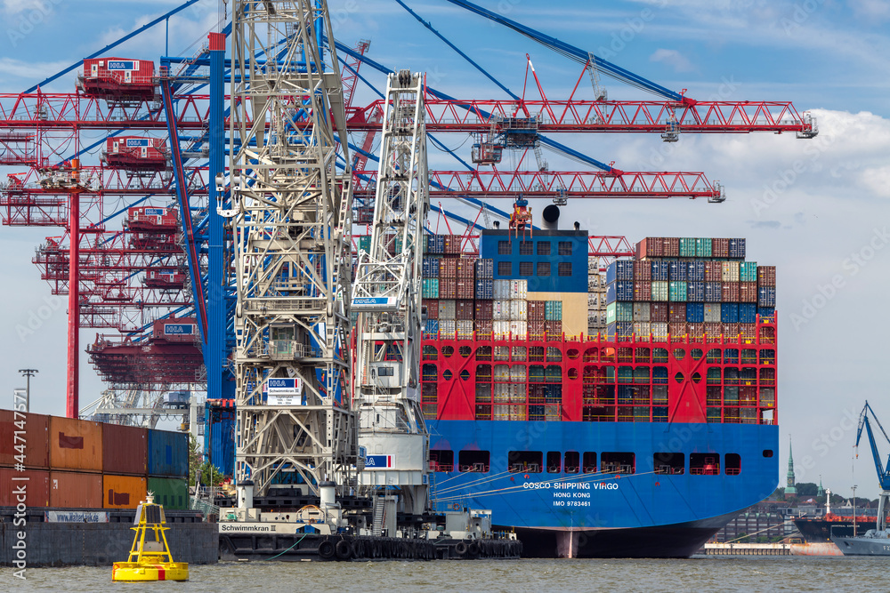 Hamburg, Germany - July 27, 2019: The container ship Virgo of the COSCO ...