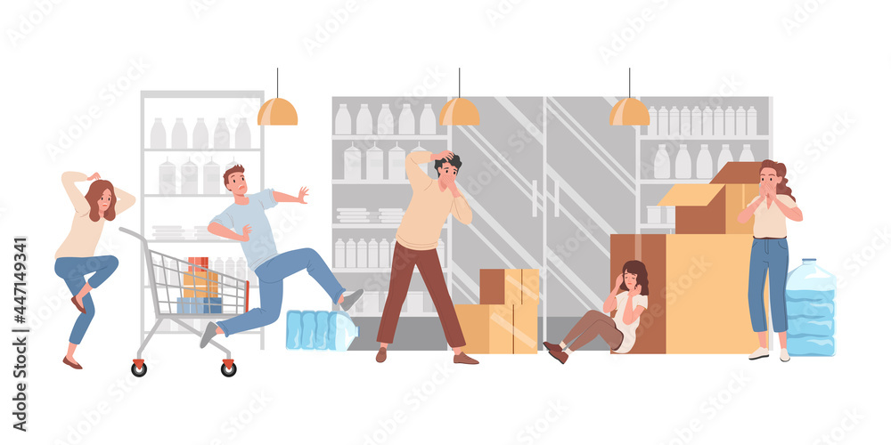 People panic in shop vector flat illustration. Frightened men and women ...
