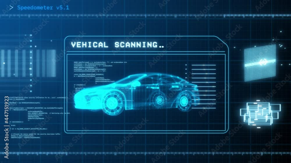 Blue HUD driving car scanning user interface in pixels display ...