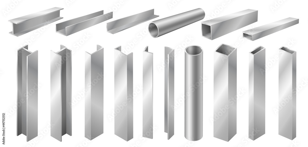 Metal profile and tubes isolated on white background. Different 3d ...