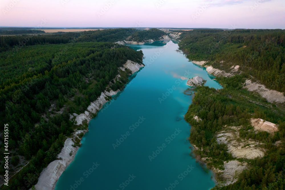 Artificial lake in a chalk quarry in Belarus at Krasnoselsky. Turquoise ...