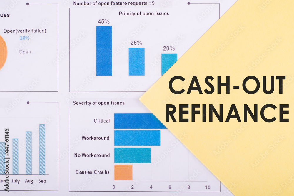 The word CASH-OUT REFINANCE is written on a yellow background with ...