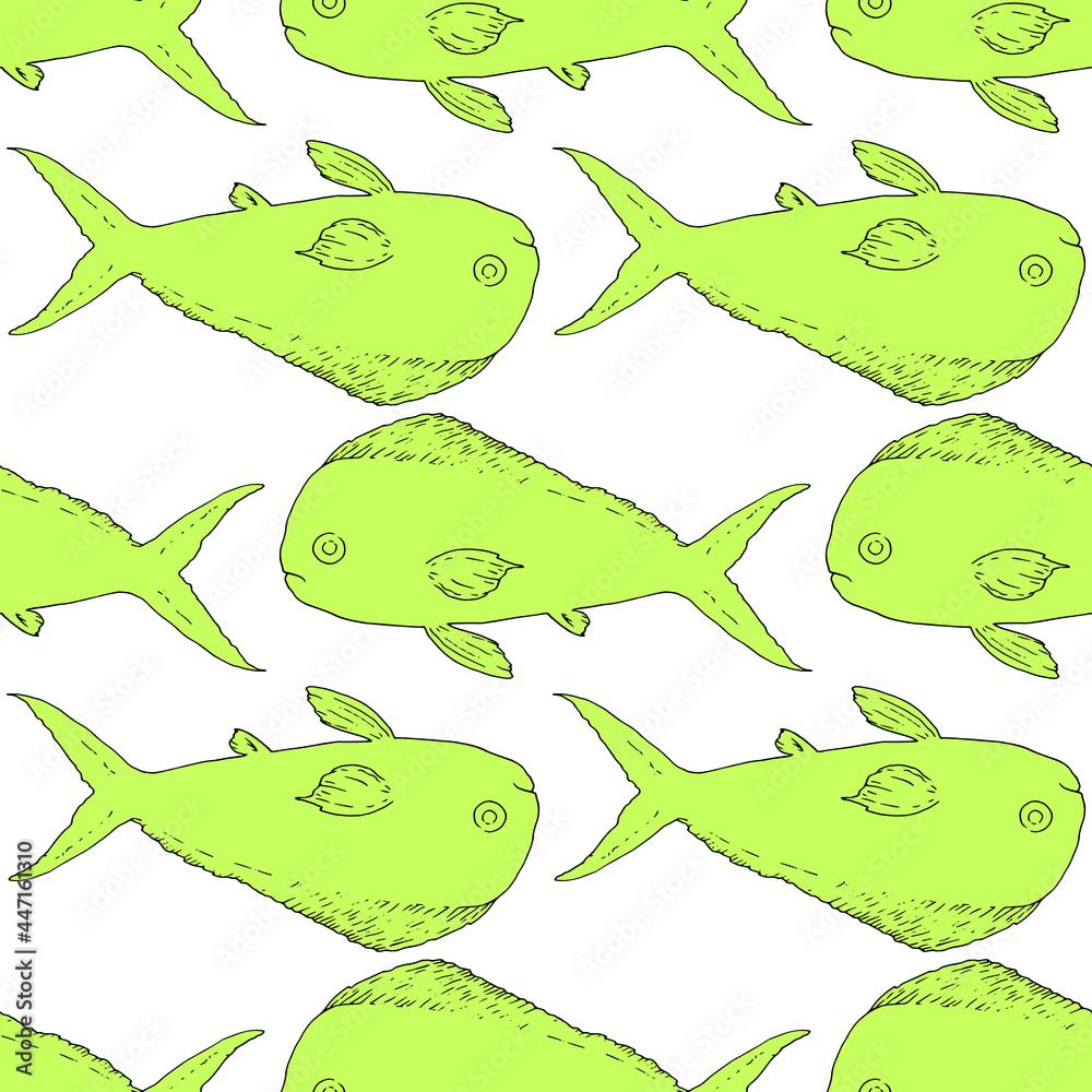 Vector seamless pattern of green Coryphaena sea fish.a pattern of a ...