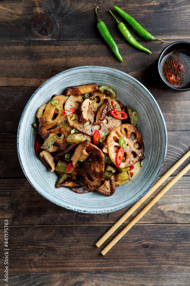 Lotus root or Rhizome stir-fry with Shiitake mushrooms, spices, hot ...
