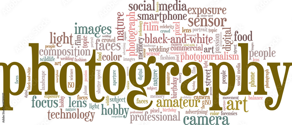 Photography vector illustration word cloud isolated on a white ...