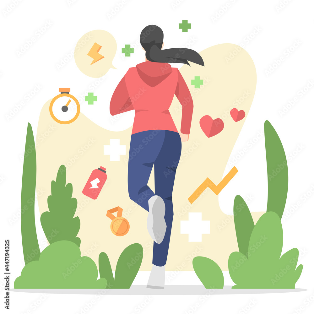 back view illustration of a woman jogging. isolated on a colored ...