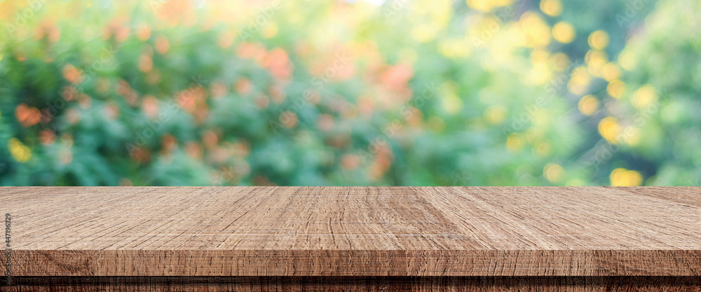 Wood table, counter background, Wooden shelf and blur green tree nature ...