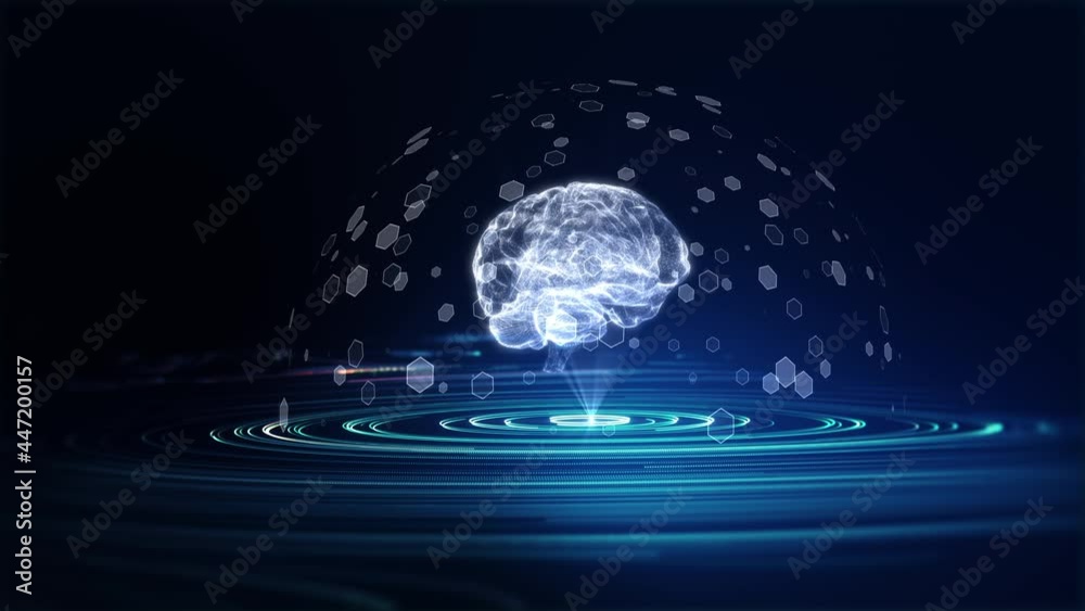 Artificial intelligence brain animation. Digital brain big data deep learning computer machine ...