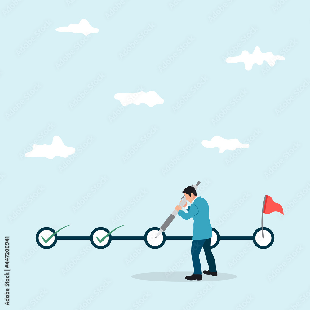 Businessman holding big pen to check completed tasks in project ...