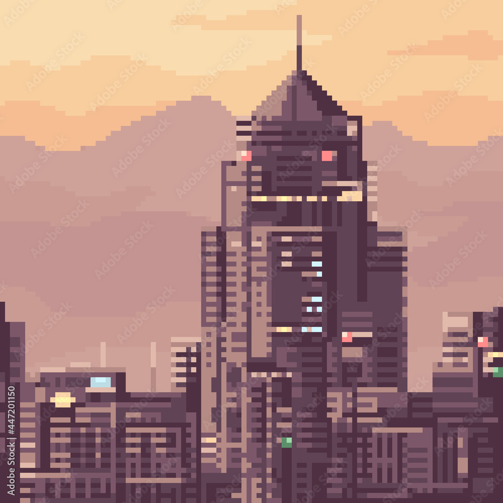 pixel art city building sunset Stock Vector | Adobe Stock