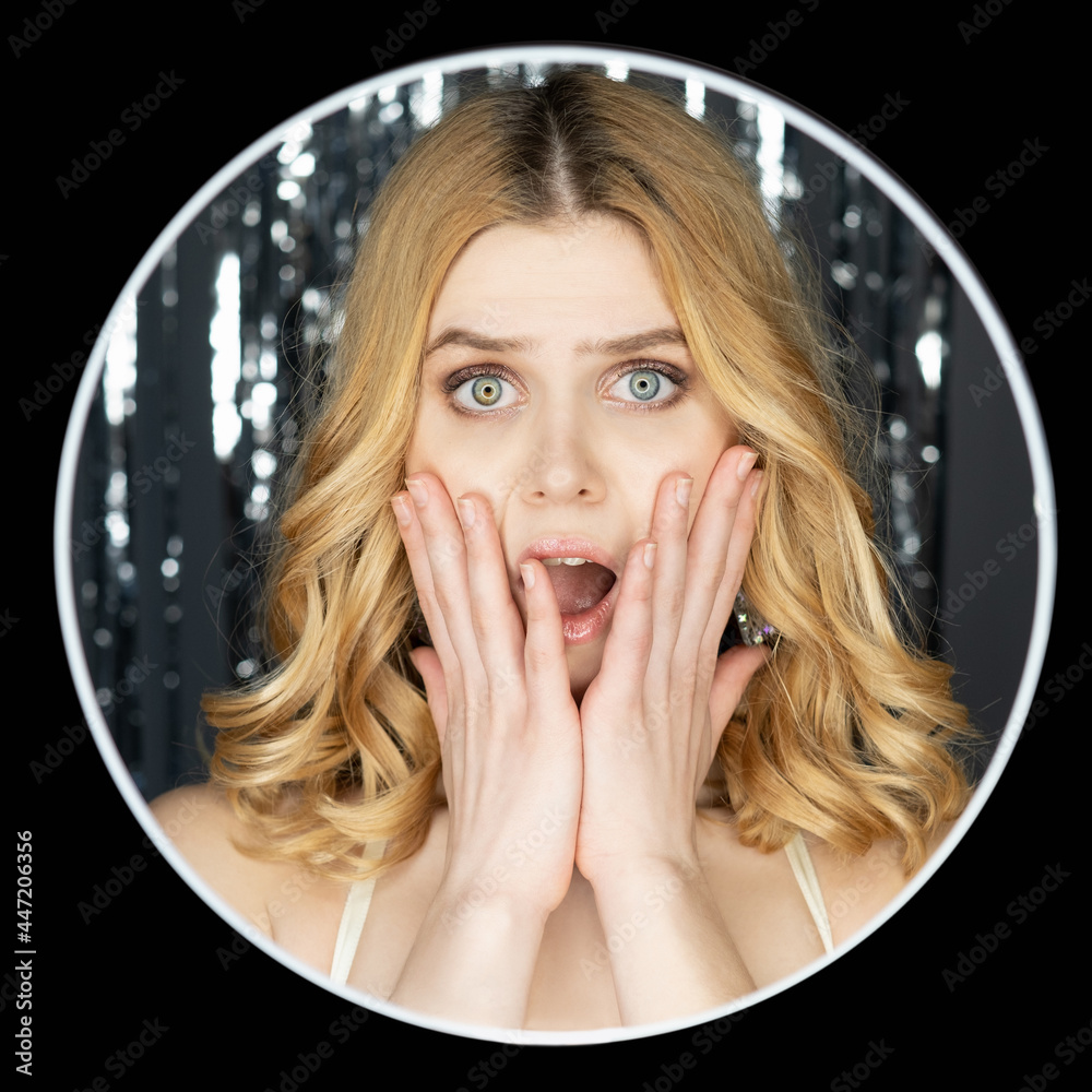 Surprised woman. Party shock. Unexpected situation. Festive look ...