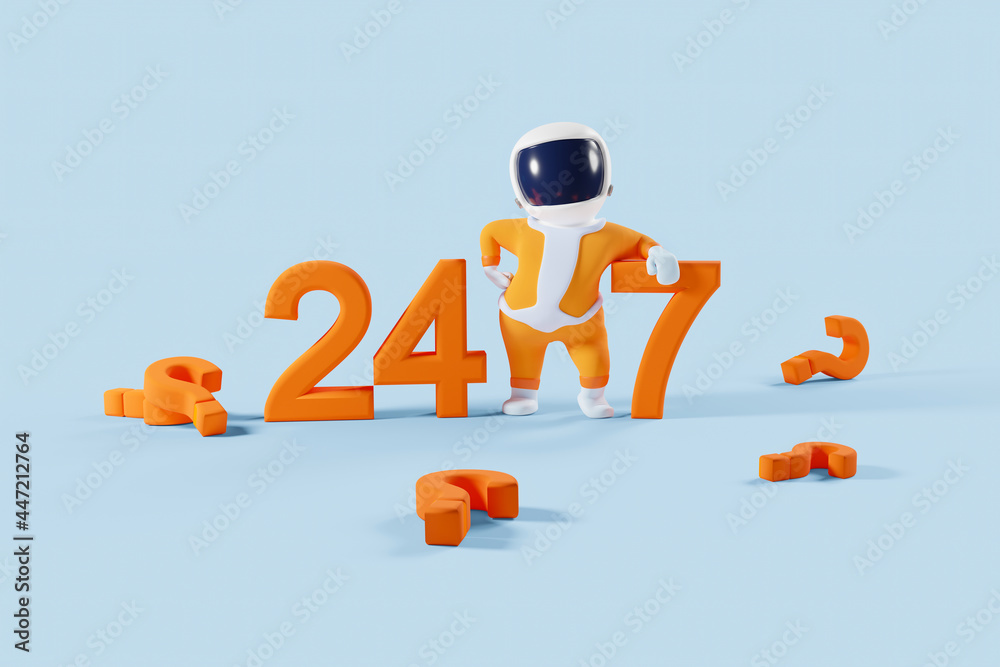 Cartoon kid with a helmet leaning on 24 7 text with question mark lying ...