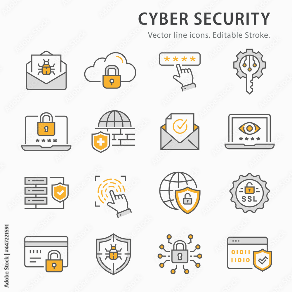 Cyber security icon set. Collection of antivirus firewall, verification ...