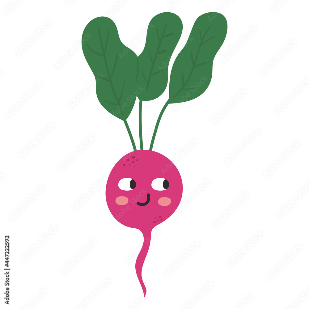 Cute and funny cartoon radish with face expression. Healthy food doodle ...