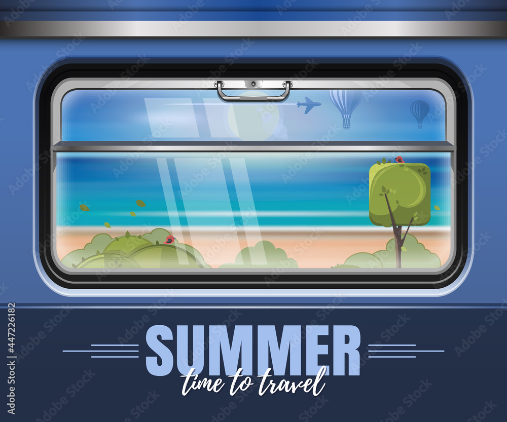 Sea and the beach outside the train window. Summer time to travel ...