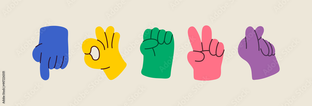 Cartoon hands abstract drawn comic. Set of Hand multicolored different ...