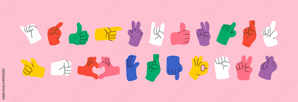 Cartoon hands abstract drawn comic. Set of Hand multicolored different ...