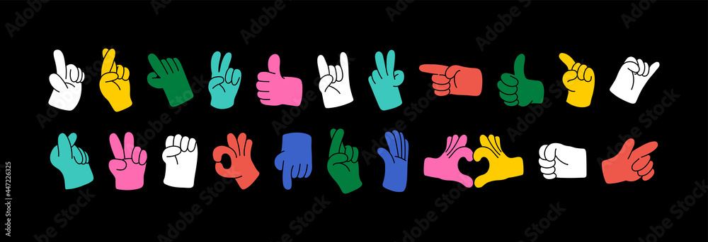 Cartoon hands abstract drawn comic. Set of Hand multicolored different ...