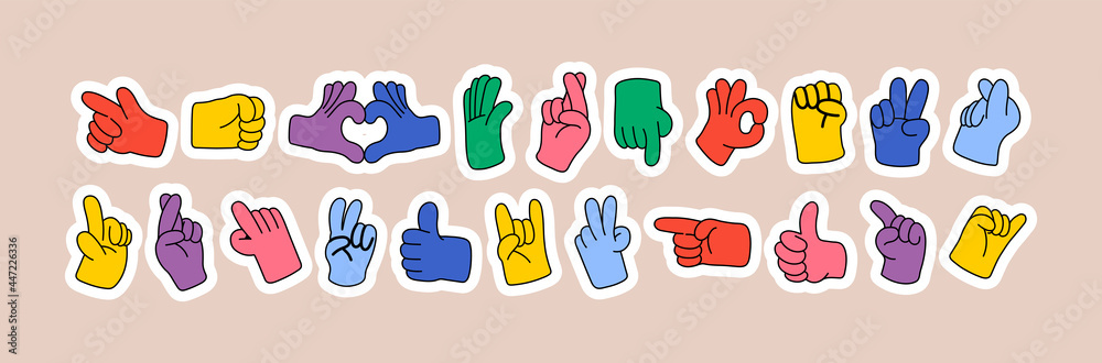 Cartoon hands abstract drawn comic. Set of Hand multicolored different ...