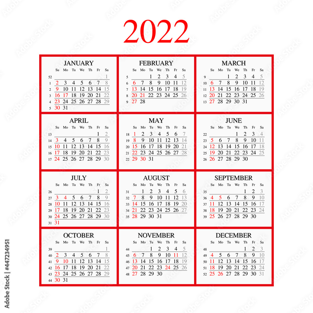 2022 Year Calendar with weeks numbering. Week starts on Sunday. USA ...