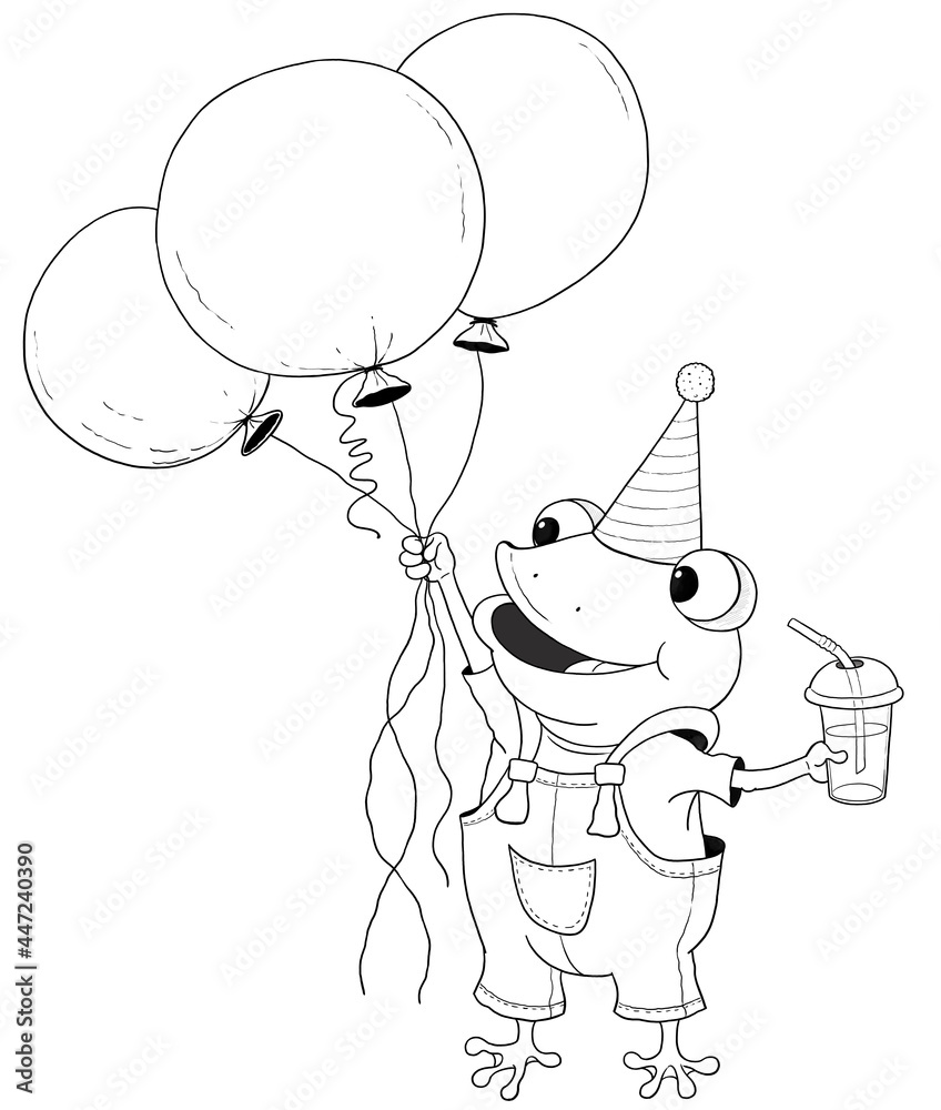 A cute frog at party. Coloring page. Illustration for children. Cute ...