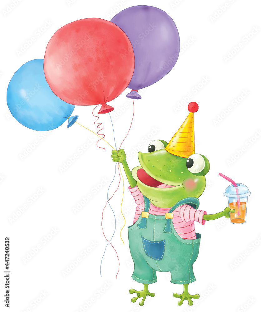 A cute frog at party. Coloring page. Illustration for children. Cute ...