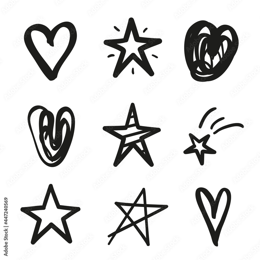 Hand drawn black hearts and stars on isolated white background ...