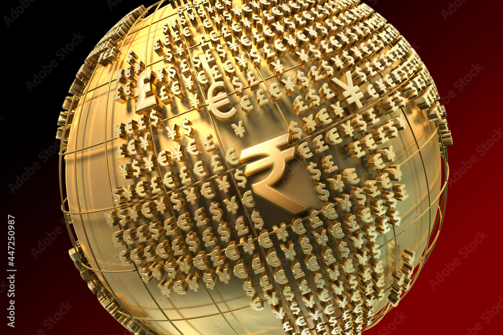 3D Golden Globe with currency signs. Indian rupees symbol, icon, logo ...