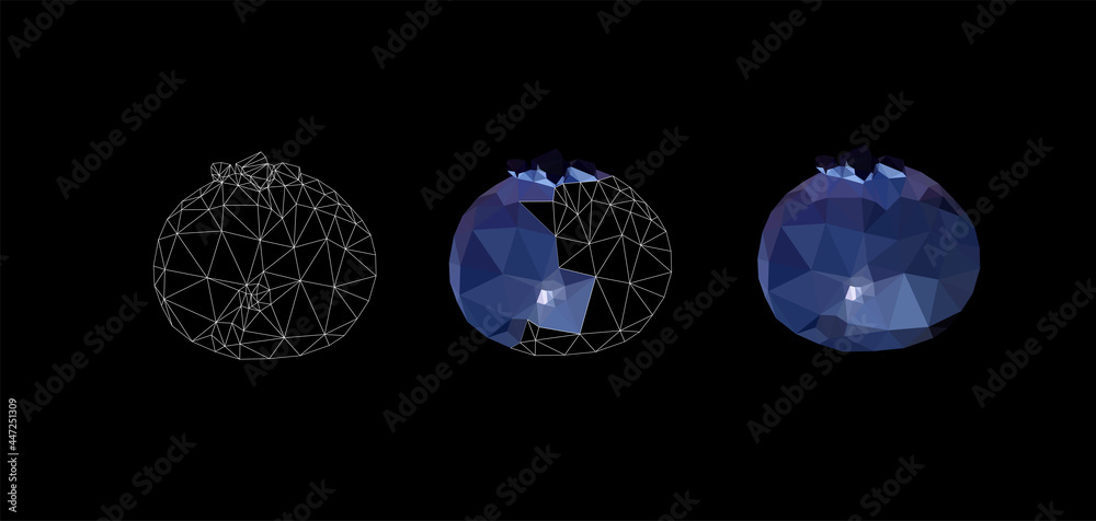 Blueberries tasty and delicious isolated on black. Low poly triangular ...
