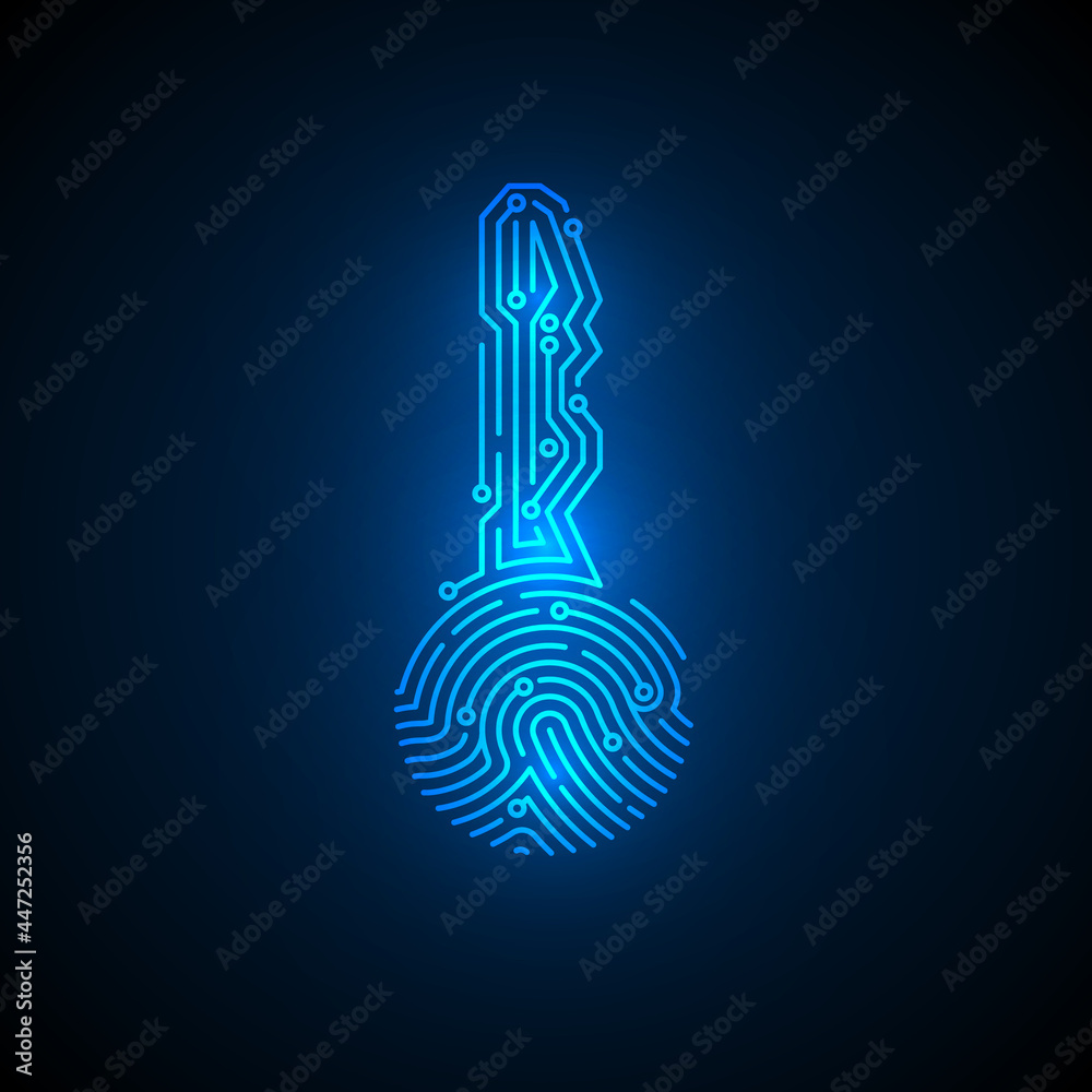 Fingerprint in key shape with circuit background. Cyber security id ...