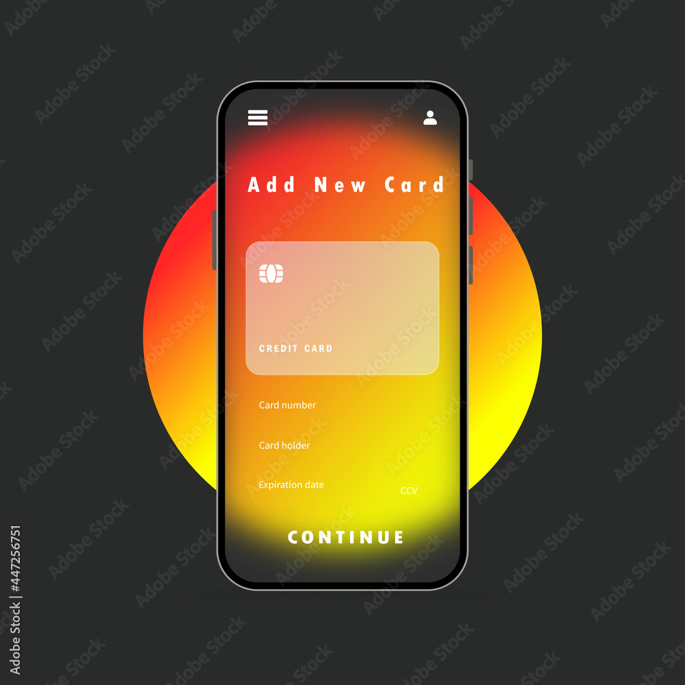 Add new card banner. Smartphone payment. Glassmorphism. Credit card ...