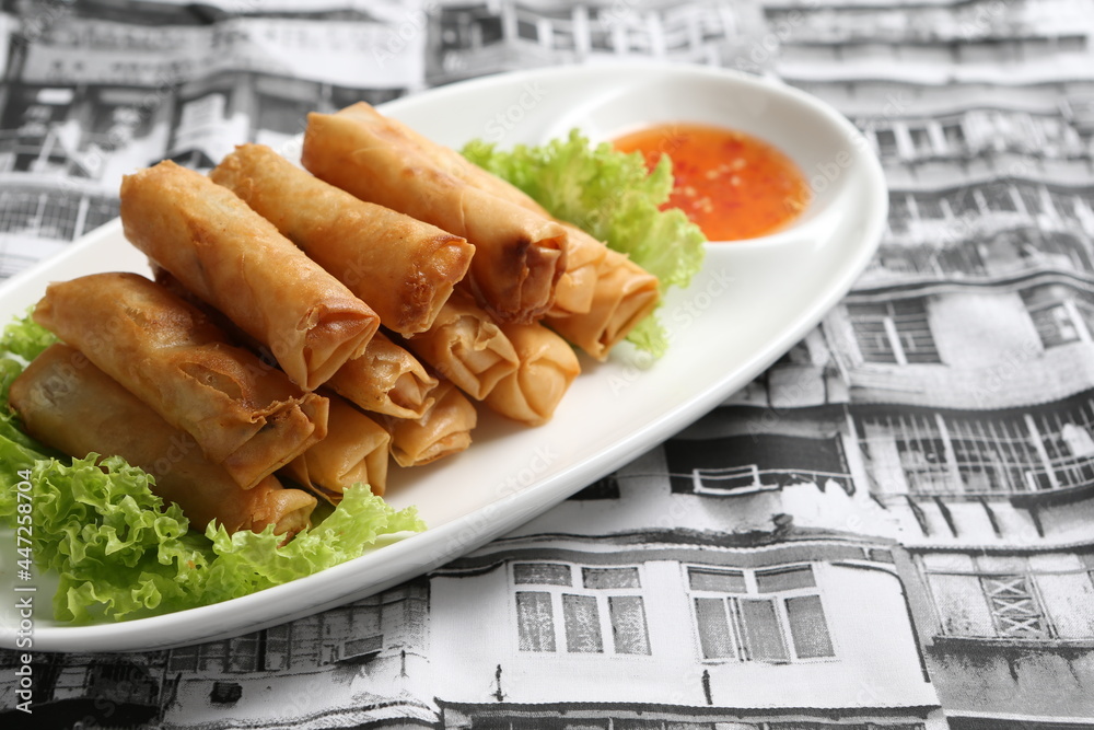 deep fried crispy vegetable spring roll with thai chilli sauce salad in ...