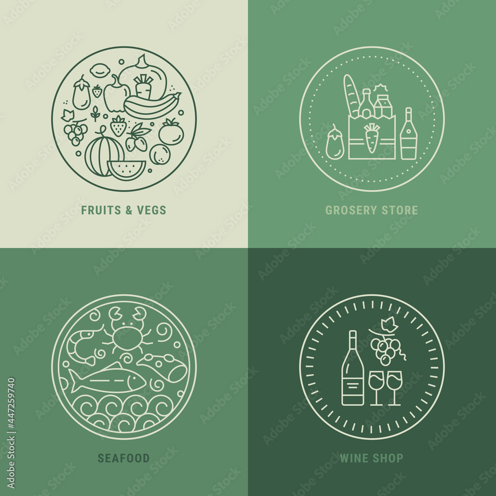 Grocery store vector logo design set. Supermarket thin line emblems for ...
