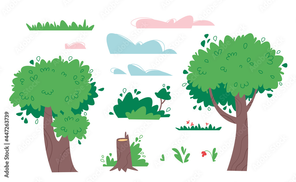 Collection of natural objects - trees, bushes, grass, clouds and stumps ...