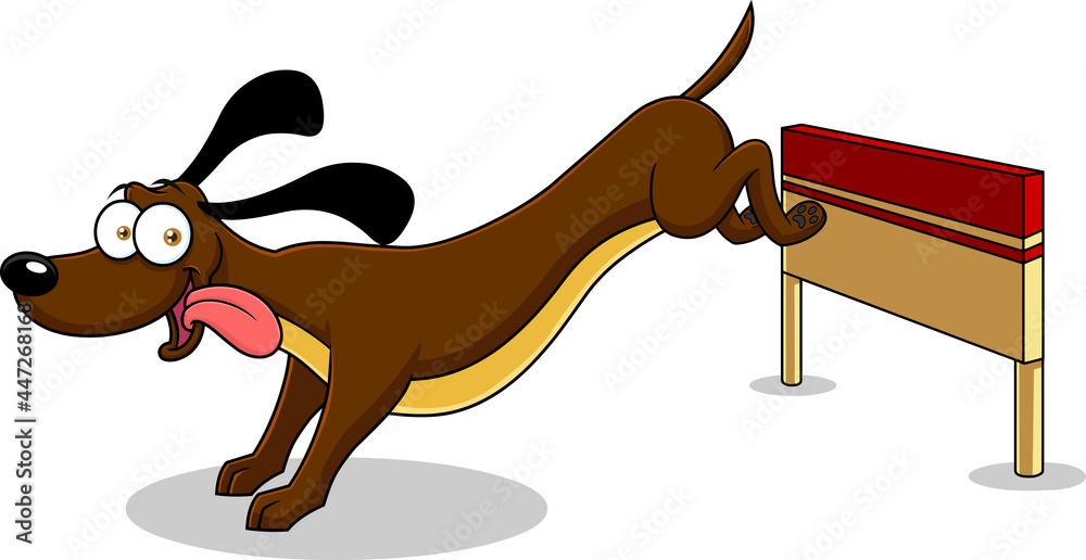 Dog Cartoon Character Jumps Over Obstacle Barrier. Vector Hand Drawn ...