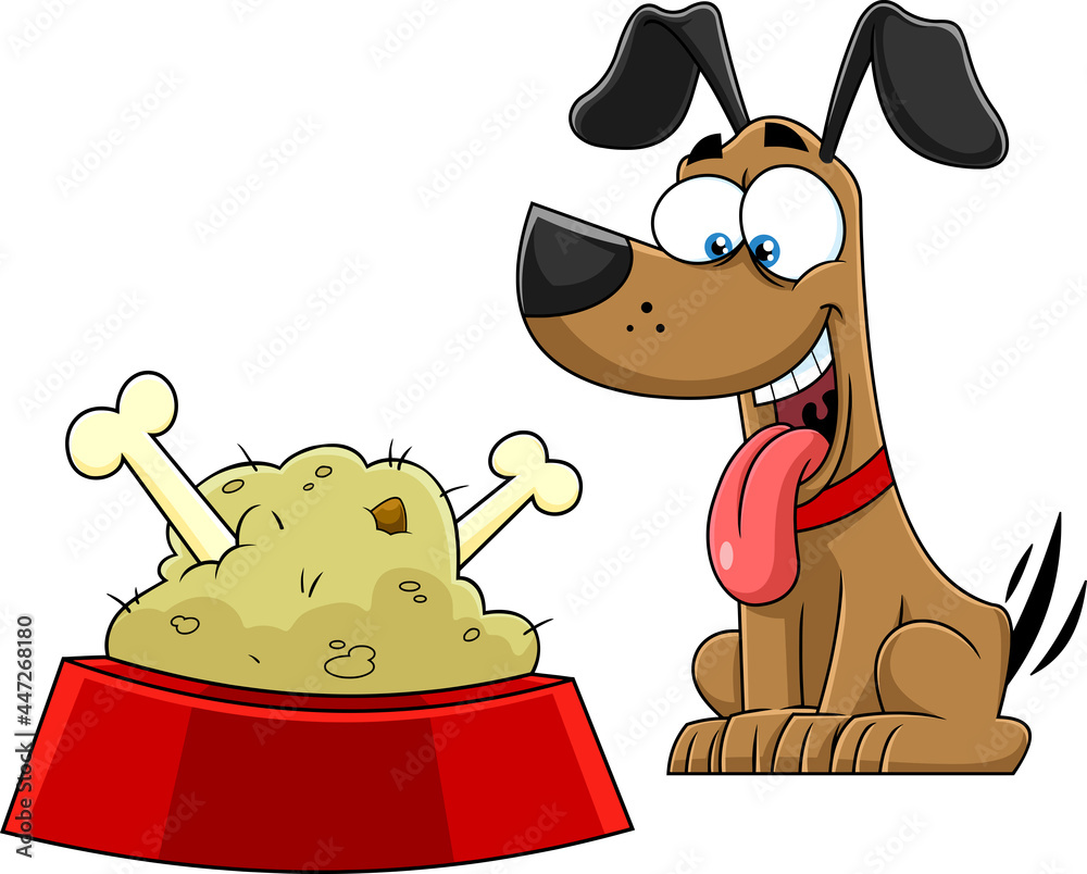 Happy Dog Cartoon Character With Bowl Food And Bones. Vector Hand Drawn ...