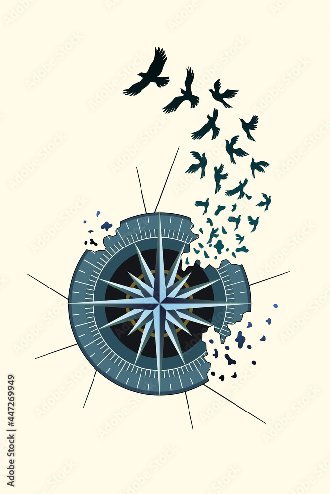 Broken compass and bird tattoo design illustration vector Stock ...