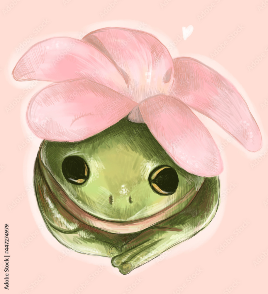 Sketch digital green frog with pink flower. Hand drawn illustration ...
