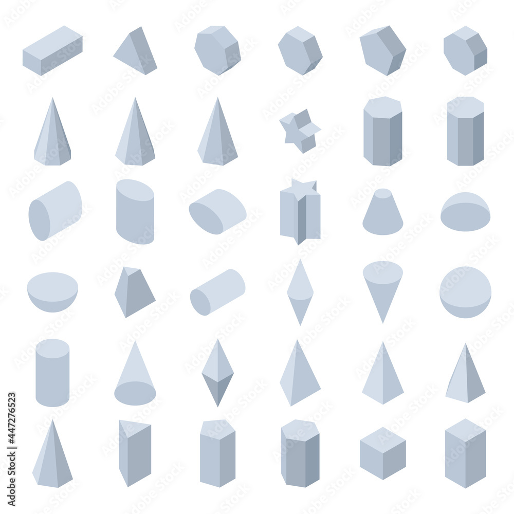 3d basic geometric shapes set. Isometric shapes for school, mathematics ...