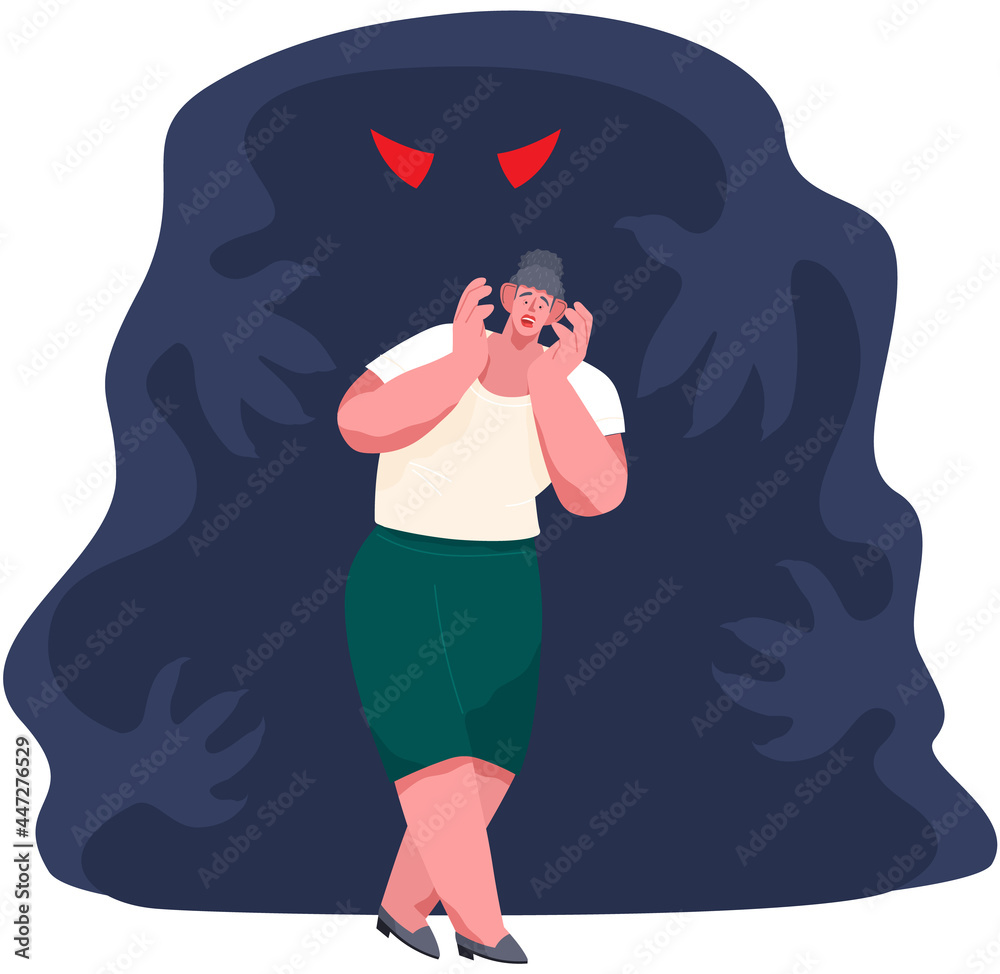 Scared woman and shadow monster behind her. Fear of darkness. Female ...