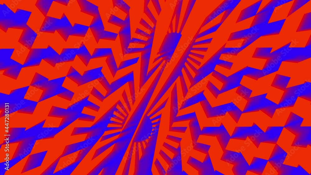 Random red shapes and lines move across a blue background. A soft drop ...