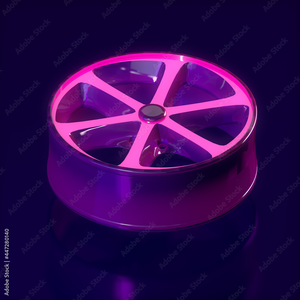 Isometric neon car alloy wheel rim icon illuminated with neon light ...