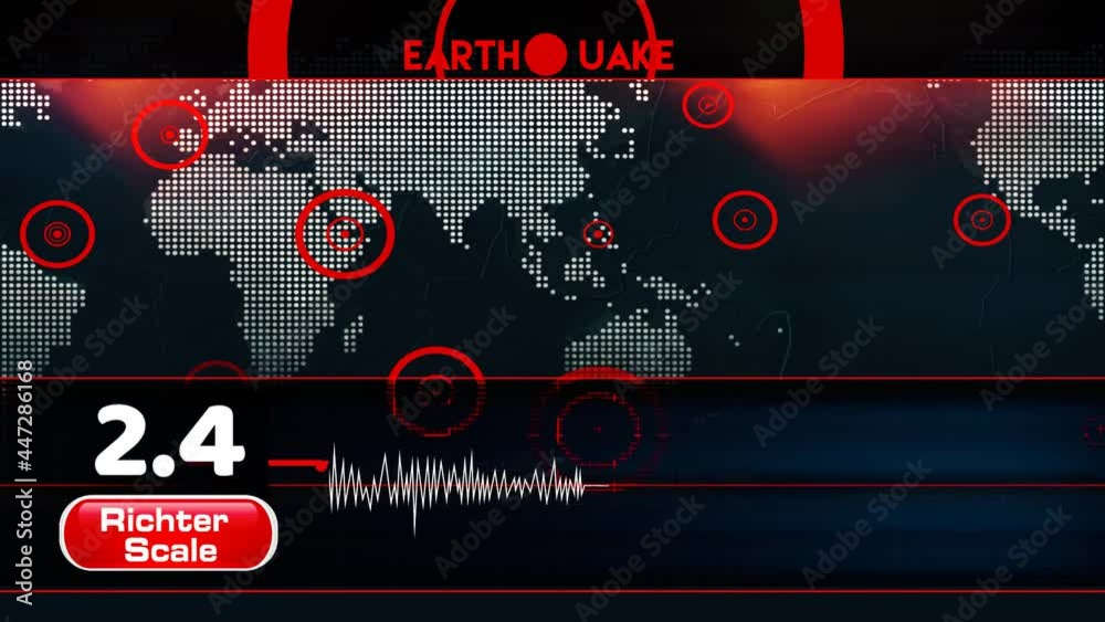 Earthquake with word map, blinking dot and Richter scale, Seismograph ...