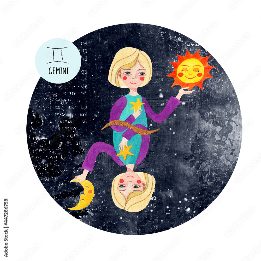Gemini sign character. Hand drawn water color image, part of zodiac ...