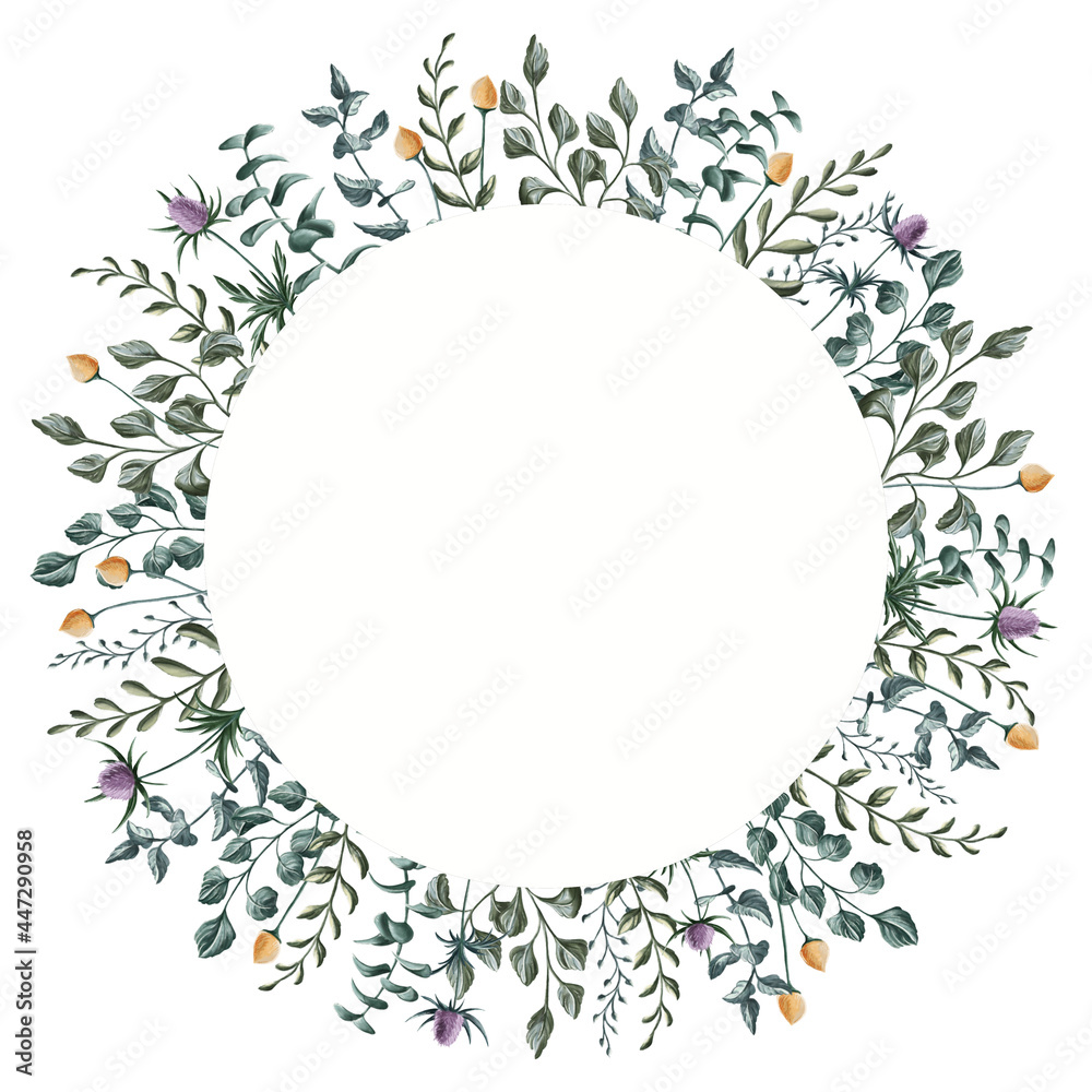 Round frame wreath of various magnificent leaves and branches with cute ...